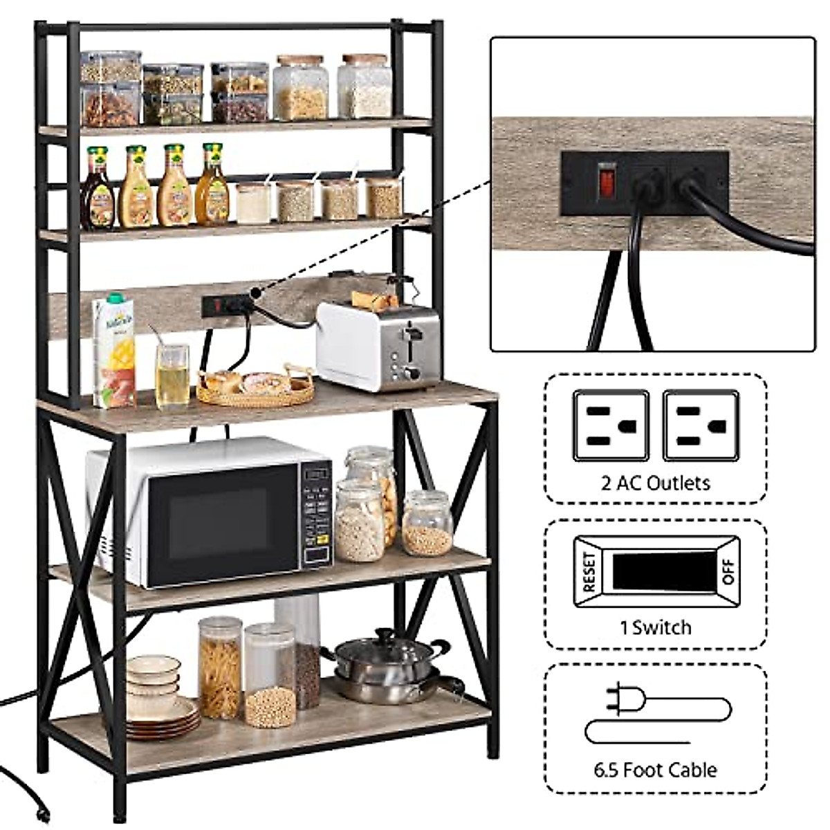 Yaheetech 5-Tier Bakers Rack with Power Outlet, Microwave Stand Utility Storage Shelf with Metal Frame, Industrial Kitchen Rack Coffee Bar with Adjustable Feet, 35.5 x 16 x 64.5, Gray