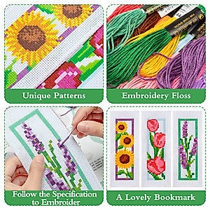 WATINC 3Pcs Cross Stitch Bookmark Kits Flower Patterns DIY Stamped Embroidery Bookmarks for Beginners Tulip Sunflower Lavender Needlepoint Starter Kits Craft Supplies Handmade Gifts for Book Lovers