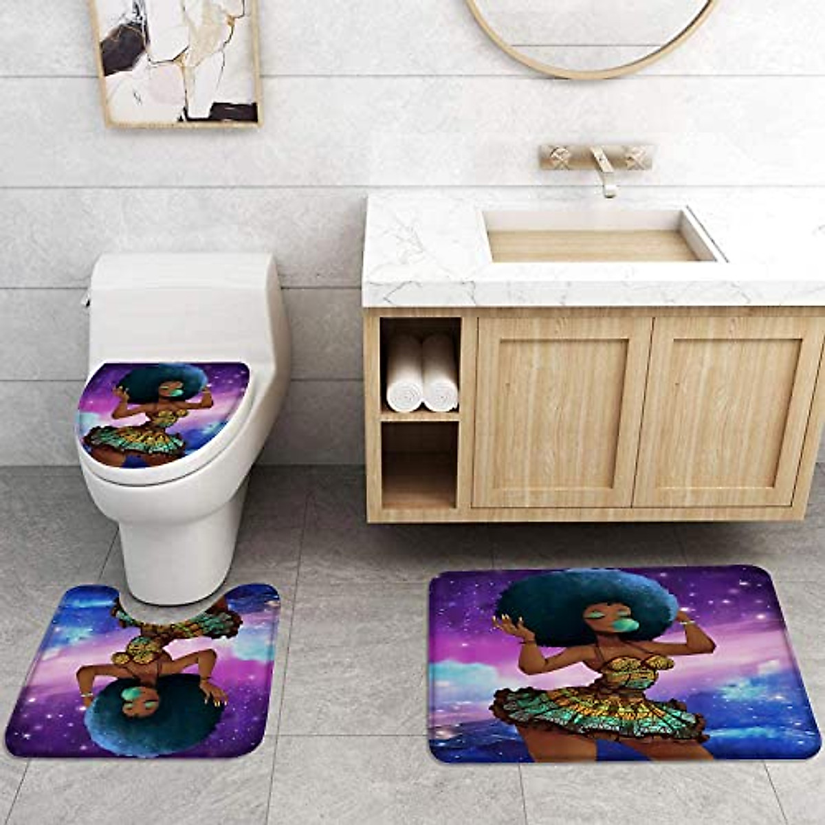 African American Woman Shower Curtains for Bathroom, 4PCS Bathroom Sets Include 1 Fabric Shower Curtain, 2 Non-Slip Bathroom Rugs and 1 Toilet Lid Cover, Black Girl Bathroom Decor (Purple)