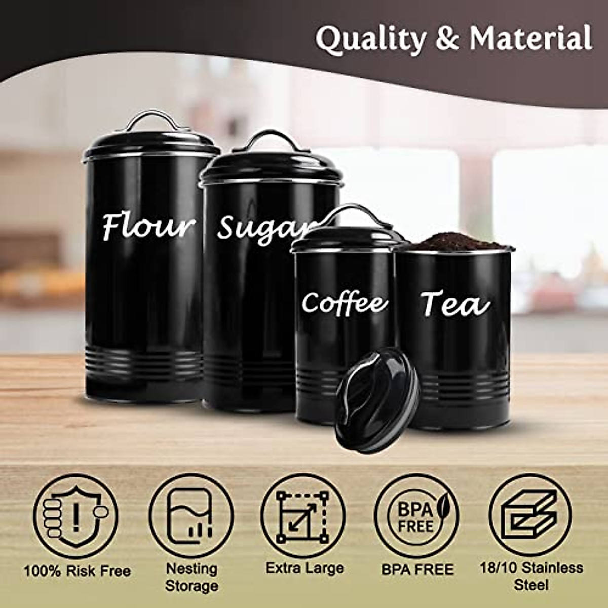 Farmhouse Canisters Set of 4, Food Storage Container for Kitchen Decor, Rustic Metal Countertop Canisters with Airtight Lids for Sugar, Coffee, Tea - Black