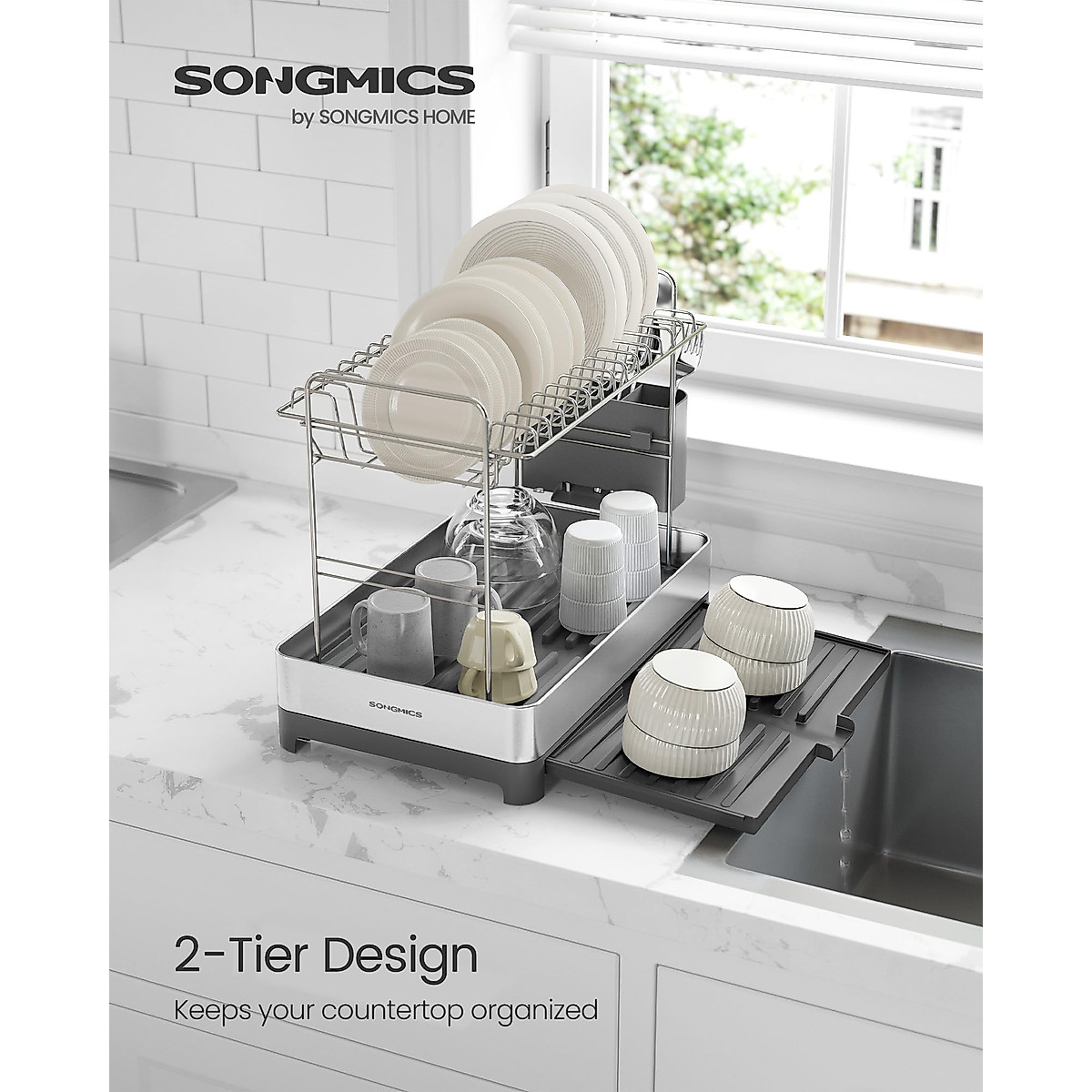 SONGMICS 2-Tier Small Dish Drying Rack, Expandable Dish Dryer for Kitchen Counter, Stainless Steel Dish Rack with Utensil Holder, Rustproof, for Dishes, Knives, Spoons, Forks, Silver Gray UKCS036G01