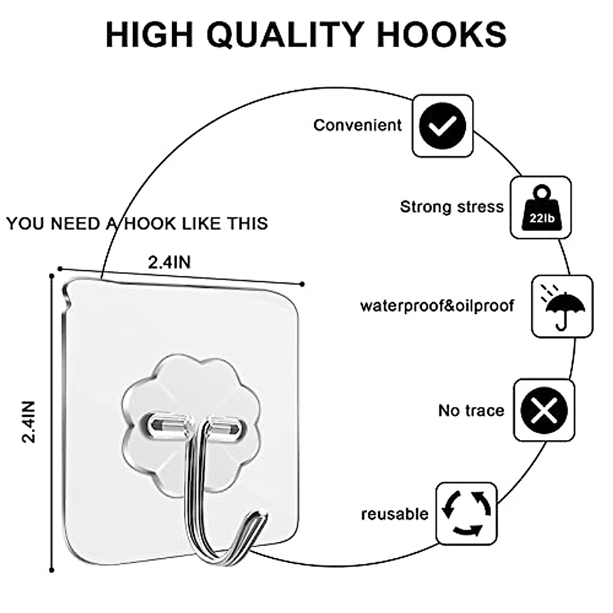Adhesive Hooks, 20-Pack Kitchen Wall Hooks, Wall Hook Heavy Duty (22 lbs) Max, Reusable Bathroom Hook, Waterproof and Rustproof