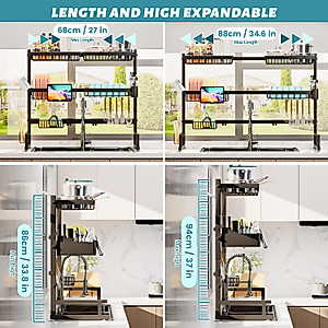 ADBIU Over The Sink Dish Drying Rack (Expandable Height and Length) Snap-On Design 2 Tier Large Dish Rack (27-36L x 12W x 32.5-37H (inches))
