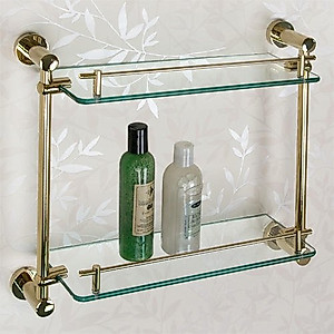 Signature Hardware 296468 Ceeley 17" Two-Tier Glass Shelf - Polished Brass