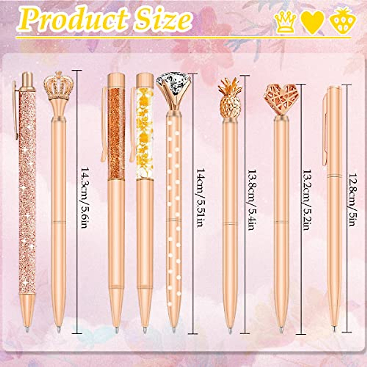 8 Pcs Rose Gold Ballpoint Pens Set, Metal Crystal Diamond Pen with Black Ink, Liquid Sand Glitter Pen Fancy Pens for Women Girls, Smooth Writing Pens for Office School Gifts Party Supplies (Rose Gold)