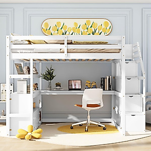 Full Loft Bed with Stairs and Desk, Wood Loft Bed Frame with Storage Cabinet, High Loft Beds with Drawers & Shelf for Kids, Juniors, Teen, Boys, Girls, White