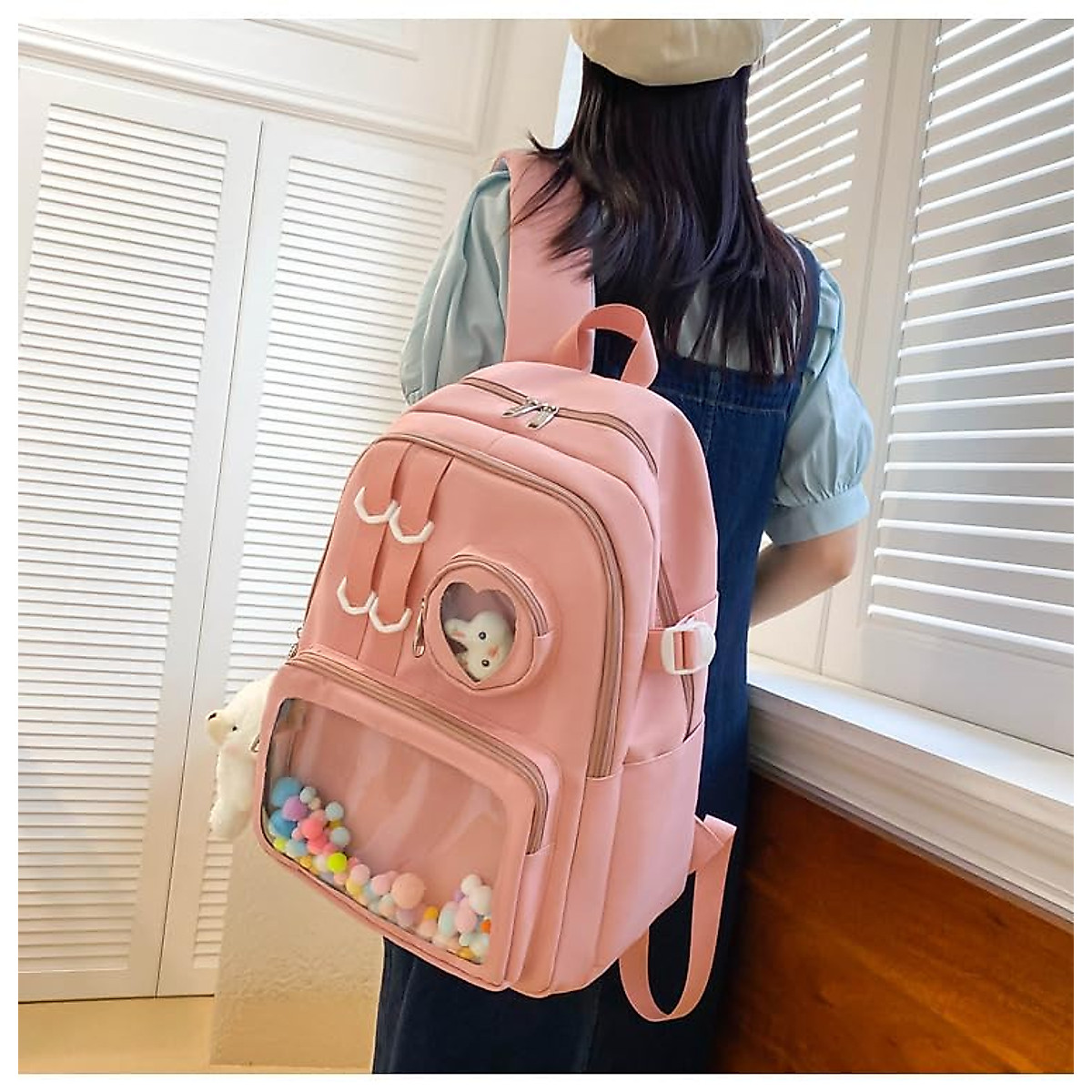 Kawaii Backpack with Cute Accessories Large Capacity Spring Summer Rucksack for Women Aesthetic Trendy Casual Daypack (Pink)