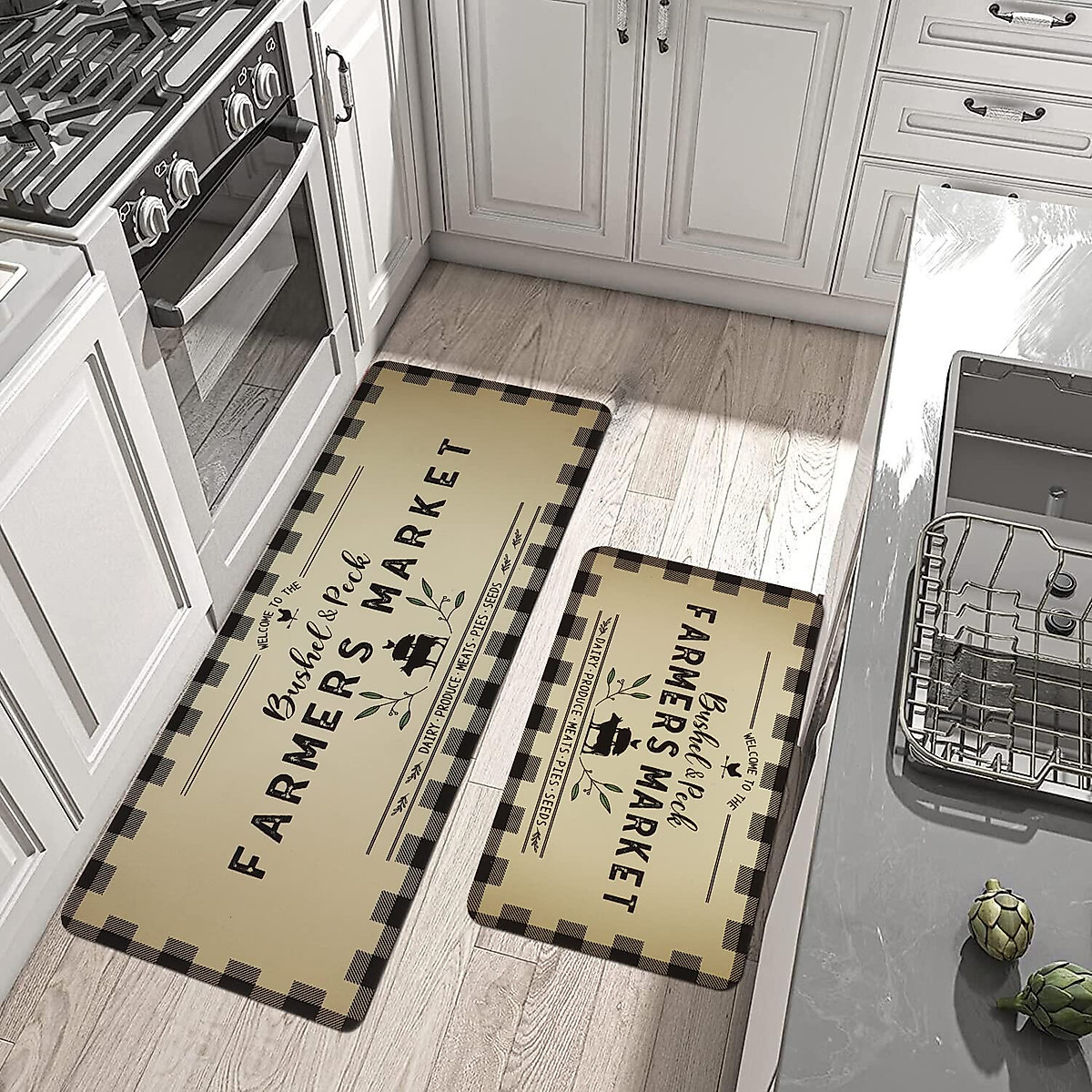 Falflor 2PCS Farmhouse Kitchen Rug and Mats Non Slip Waterproof Kitchen Rugs Set Kitchen Floor Standing Mats Rubber Backing Floor Carpet Runner for Kitchen Sink Laundry Office