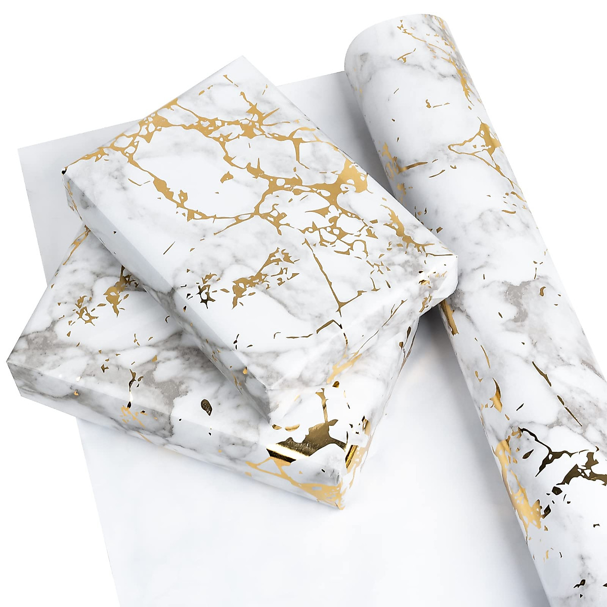 WRAPAHOLIC Wrapping Paper Roll - Mini Roll - 17 Inch X 33 Feet - White Marble with Gold Foil Design, Perfect for Birthday, Holiday, Wedding, Baby Shower