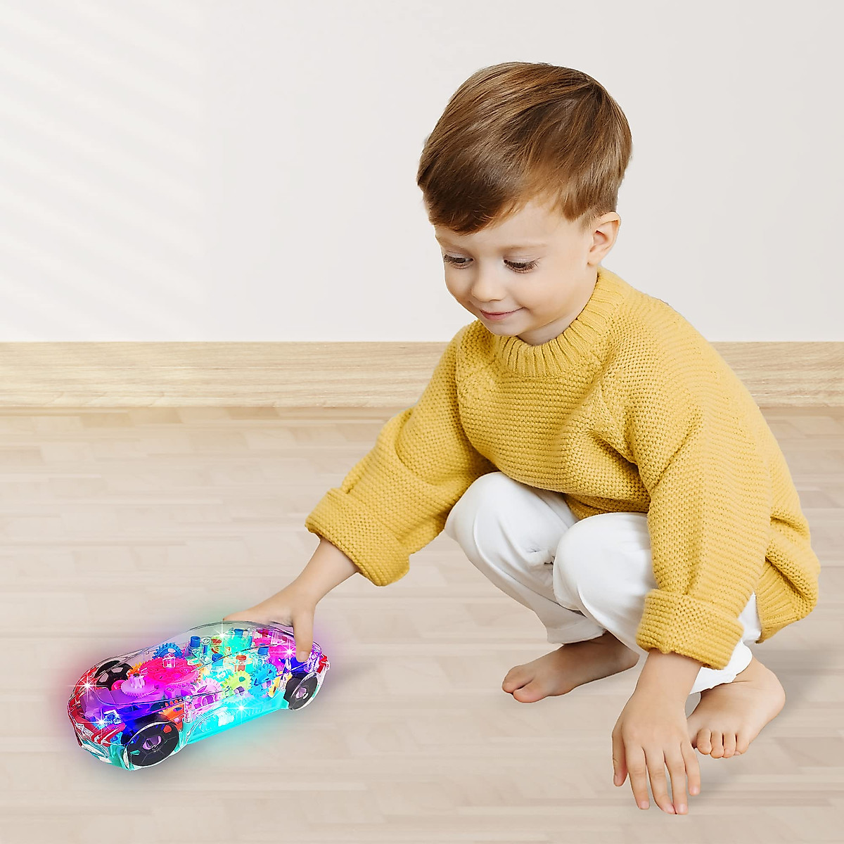 ArtCreativity Light Up Transparent Sensory Car Toy for Kids, 1PC, Bump and Go Toy Car with Colorful Moving Gears, Music, and LED Effects, Fun Educational Toy for Kids, Great Birthday Gift Idea