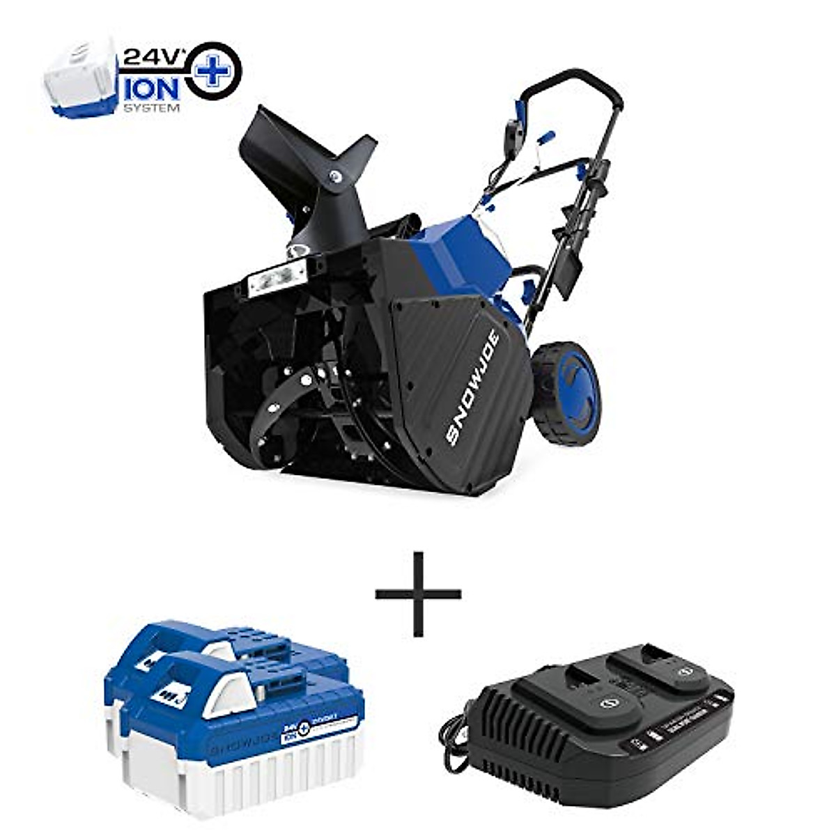 Snow Joe 24V-X2-SB18 18-Inch, 48-Volt iON+ Cordless Snow Blower Kit (w/ 2 x 4.0-Ah Batteries + Charger) & 24V-SS11-XR 24-Volt 11-Inch 5-Ah Cordless Snow Shovel, Kit (w/5-Ah Battery + Quick Charger)