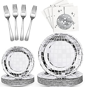 Tanlade 200 Pieces Disco Party Supplies Tableware Set Disco Ball Dinner Plates Napkins Forks for 70s 80s 90s Disco Birthday Rock Roll Dance Music Party 50 Guests (Silver)