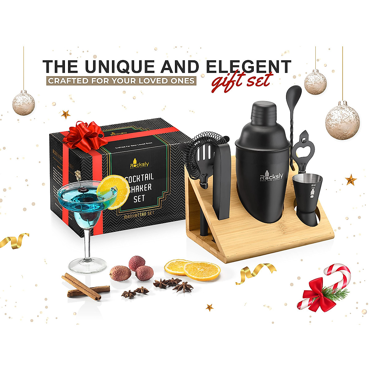 ROCKSLY Mixology Bartender Kit and Cocktail Shaker Set for Drink Mixing | Mixology Set with 6 Bar Set Tools and Bamboo Stand Makes It The Perfect Home Cocktail Kit | Complete Bartender Kit (Black)