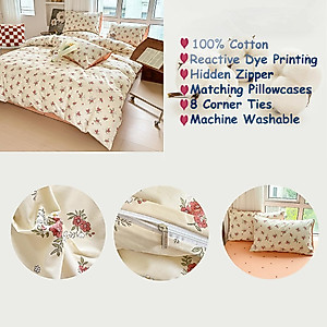 CinYana 100% Cotton Floral Duvet Cover Set 3 PCS Chic Garden Bedding Set Queen Mini Floral Duvet Cover Reversible Floral Comforter Cover Soft Breathable for All Seasons (Beige,Queen)