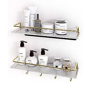 Mazjoaru Floating Shelves Acrylic Bathroom Shelves Set of 2, 16inch Wall Shelves with Gold Metal Towel Hook, Storage Shelves for Bathroom Living Room Bedroom