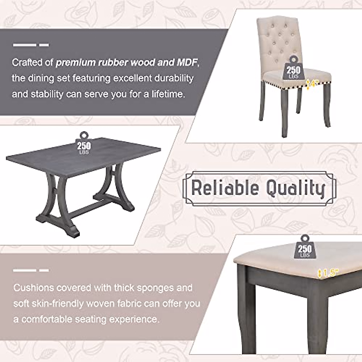 Morhome 6-Piece Dining Set with Bench, Kitchen Funiture with 4 Upholstered Chairs for Home Restaurant