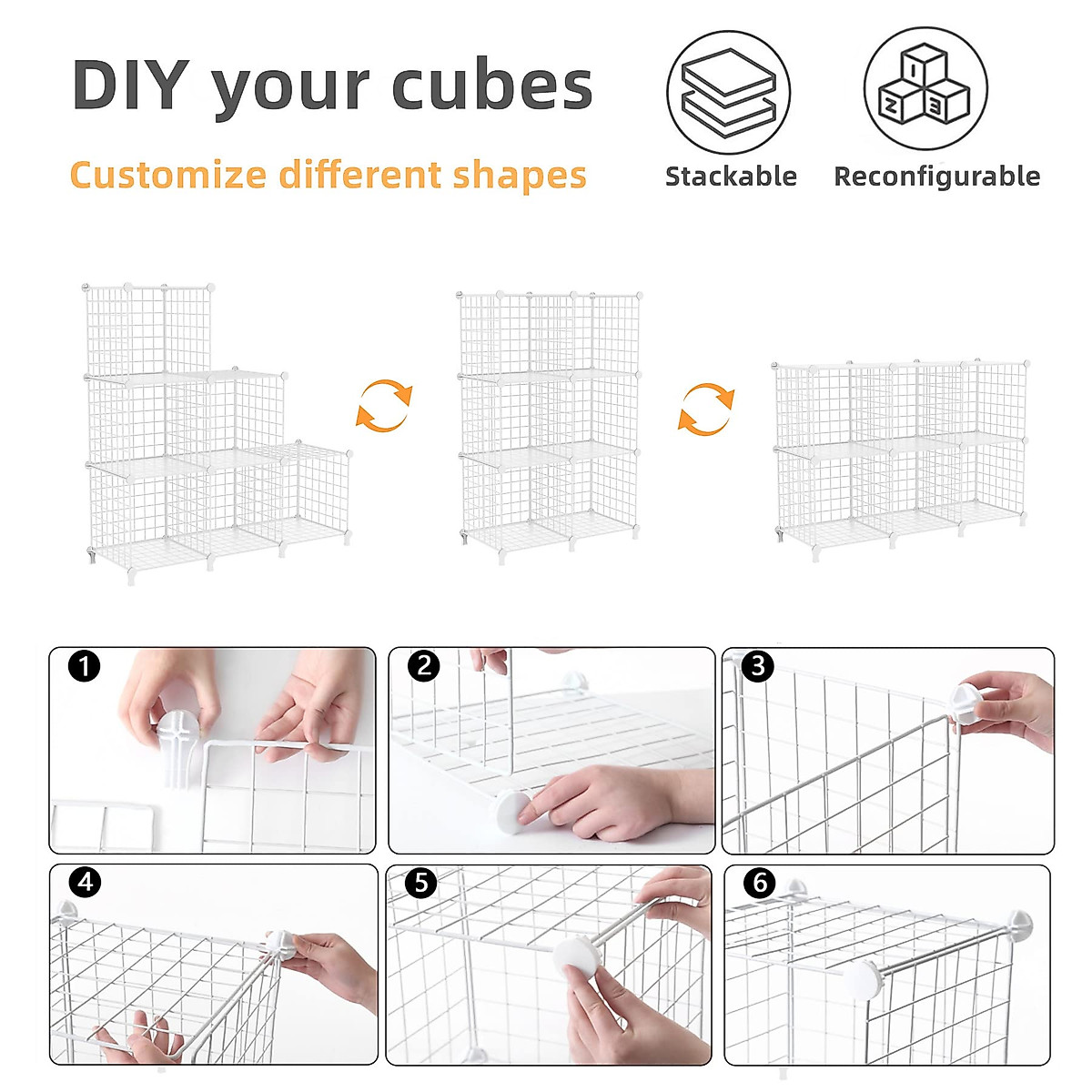 AWTATOS Wire Cube Storage Organizer, Closet Organizers and Storage, Metal 6 Cube Storage Shelves Bookshelf, Portable Closet Clothes Organizer for Bedroom, Home, Office, White