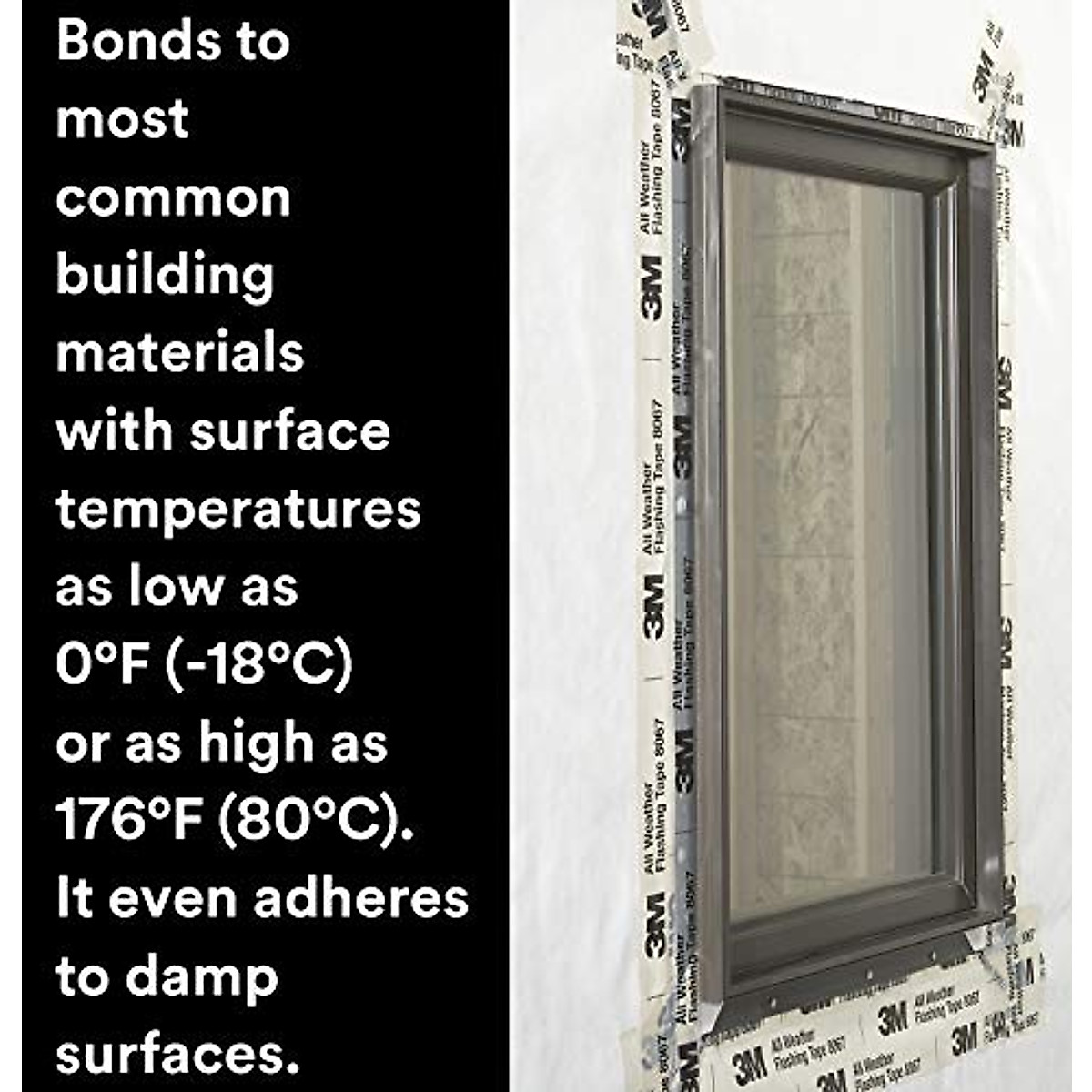 3M All Weather Flashing Tape 8067, 4 in x 75 ft, 1 Roll, Adhesive Backed Split Liner, Prevents Moisture Intrusion, Waterproof Flashing Seals Doors, Windows, Openings in Wood Frame Construction