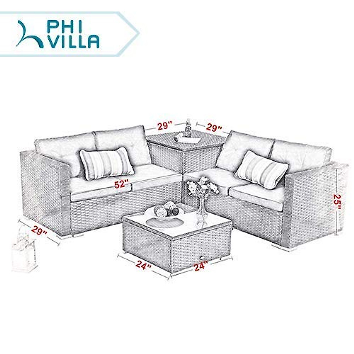 PHI VILLA Outdoor Loveseat Rattan Sectional Sofa - Patio Wicker Furniture Set Outdoor Couch for Backyard, Garden (4-Piece Navy Blue)
