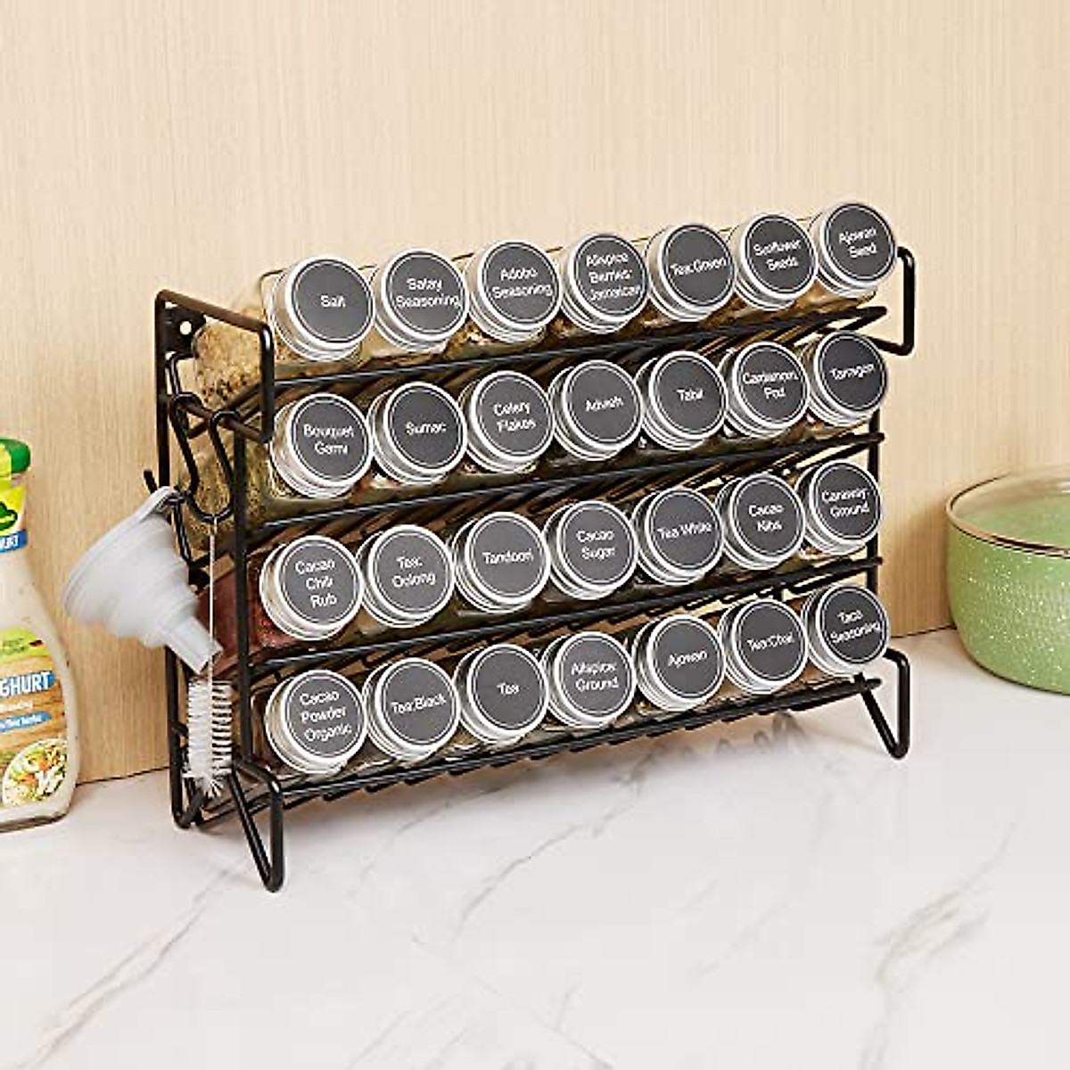 Vtopmart Spice Rack Organizer for Cabinet, 4-Tier Spice Organizer with 28 Empty Spice Jars and 432 Spice Labels, Seasoning Organizer for Countertop, Cabinet, Kitchen, Pantry, Cupboard