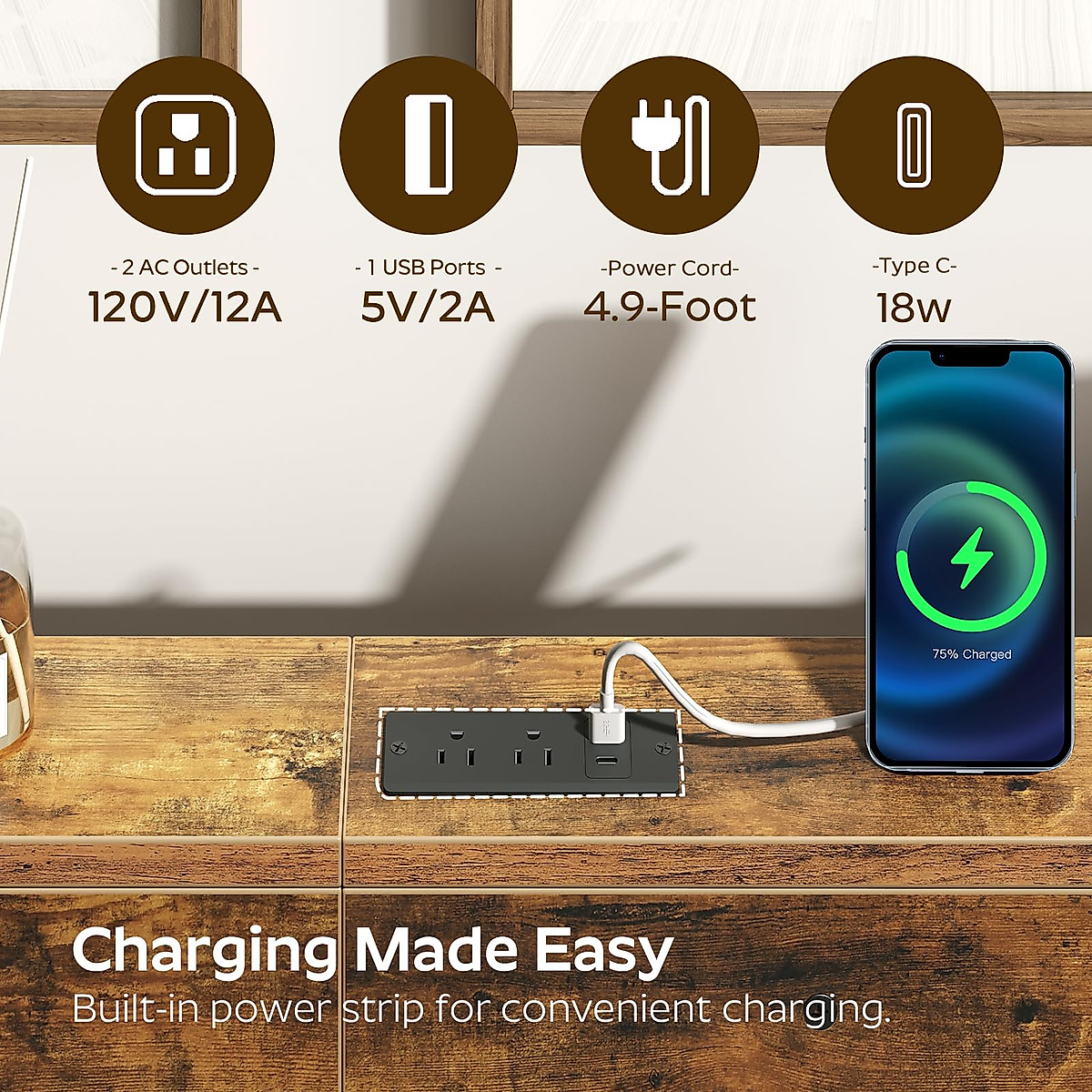 YATINEY Queen Size Headboard Only, Headboard for Queen Size Bed with Storage, Industrial Wooden Headboard with Outlet, USB and Type C Port, Adjustable Height, Sturdy and Stable, Rustic Brown and Black