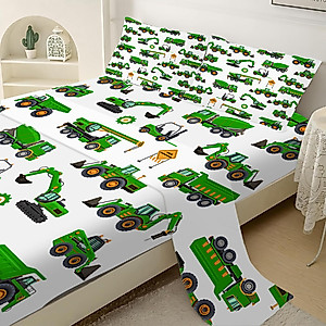 EDGZKO Sheet Set Green Tractor: Queen Size Cartoon Excavator Truck Bed Sheets for Boys Kids Toddler Deep Pocket Construction Vehicle 4PC Bedding Set 1 Fitted Sheet & 1 Flat Sheet & 2 Pillowcases
