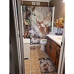 JAWO Deer Themed Shower Curtain, White-Tailed Deer in The Foggy Forest, Polyester Fabric Bath Curtains Set with Bath Mat 69W X 70L Inches