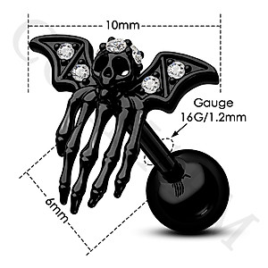 COCHARM 16g Black Bat Helix Earring Stud Halloween Bat Cartilage Piercing Bat Wing Cartilage Earrings 6mm Vampire Skeleton Hand Helix Jewelry for Women Man