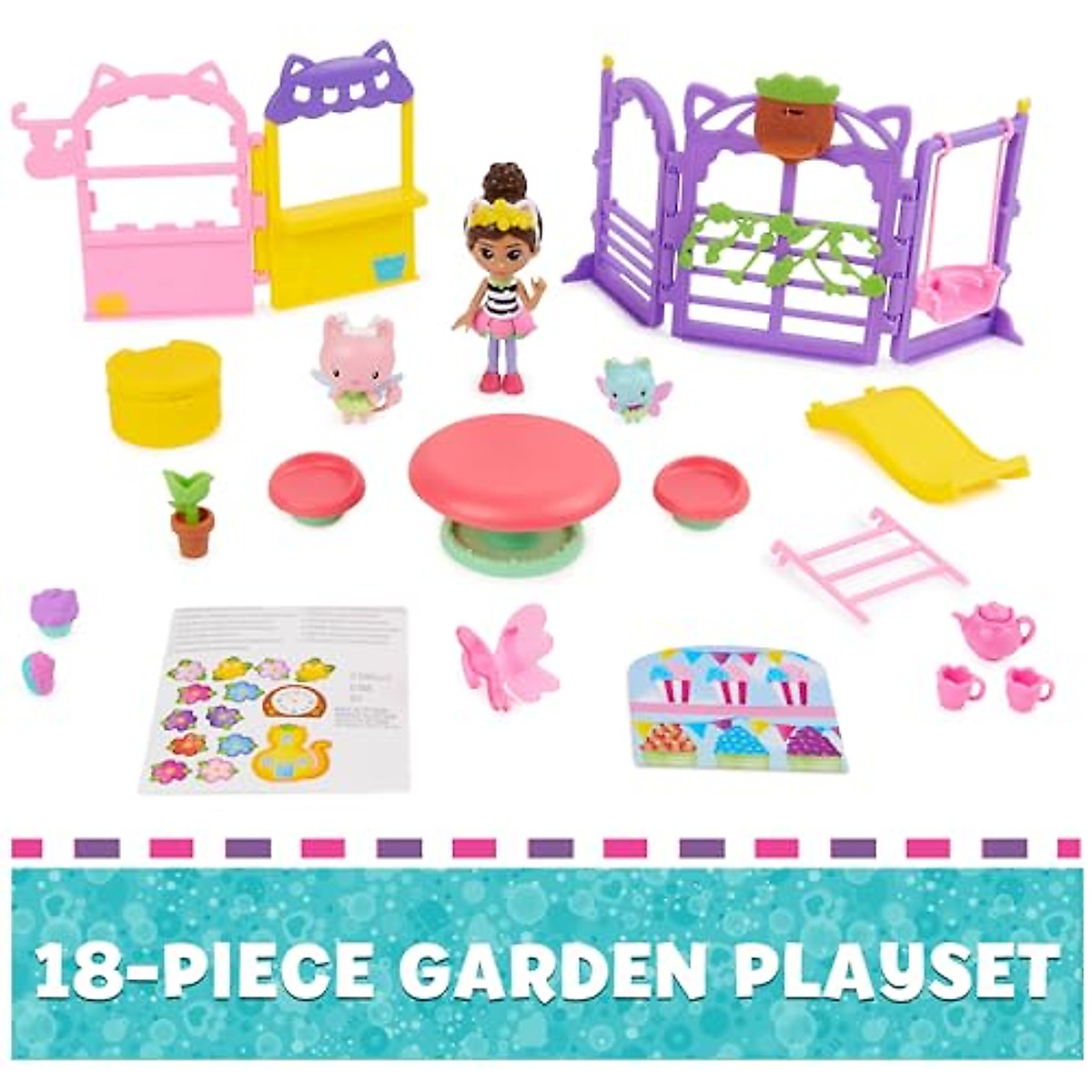 Gabby’s Dollhouse, Kitty Fairy Garden Party, 18-Piece Playset with 3 Toy Figures, Surprise Toys & Dollhouse Accessories, Kids Toys for Girls & Boys 3+