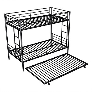 CALABASH Twin Over Twin Metal Bunk Bed with Trundle Heavy Duty Twin Size Bunk Beds Frame with 2 Side Ladders,Bunkbed with Safety Guardrails for Adults,Boys,Girls (New Black)