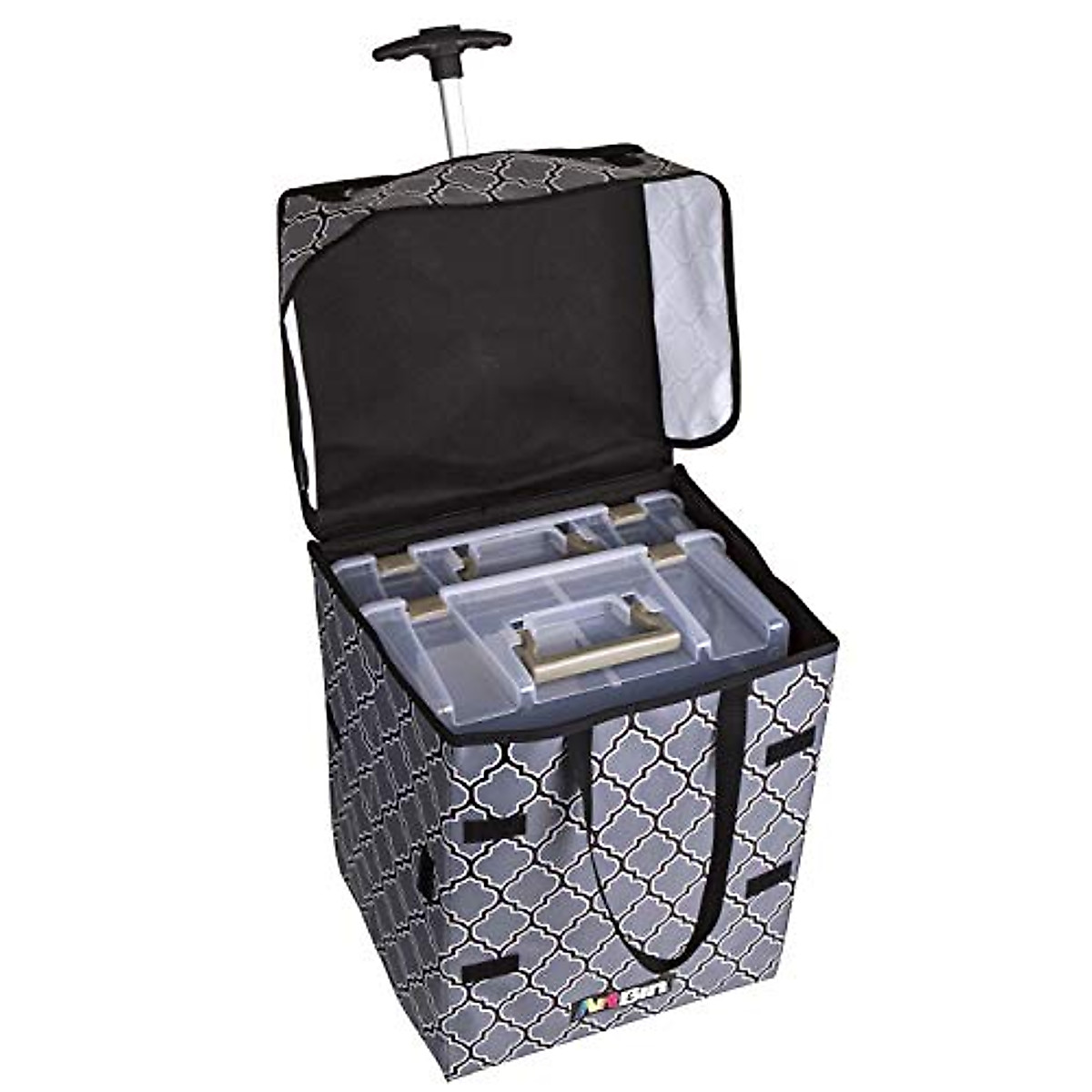 ArtBin 6822AG Rolling Tote, Lightweight Collapsible Art & Craft Storage Tote with Wheels, Retractable Handle, Shoulder Strap, Black/Gray Print