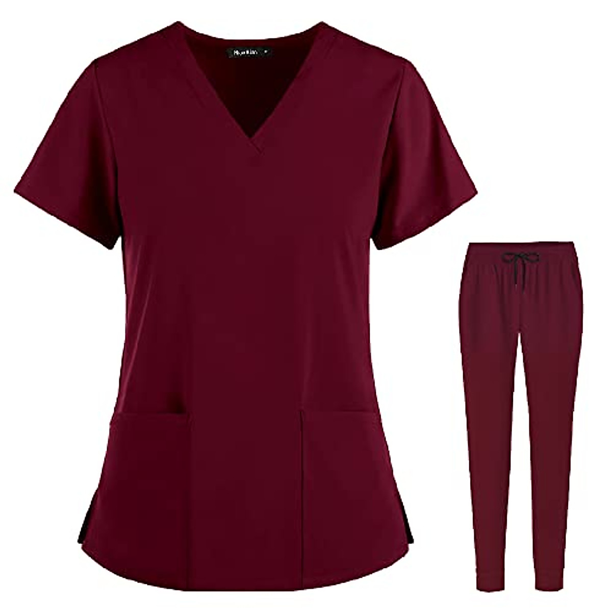 Scrubs Set for Women Joggers V-Neck Pocket Top Uniforms Athletic Stretch Set Workwear Drawstring Threaded Pant Legs