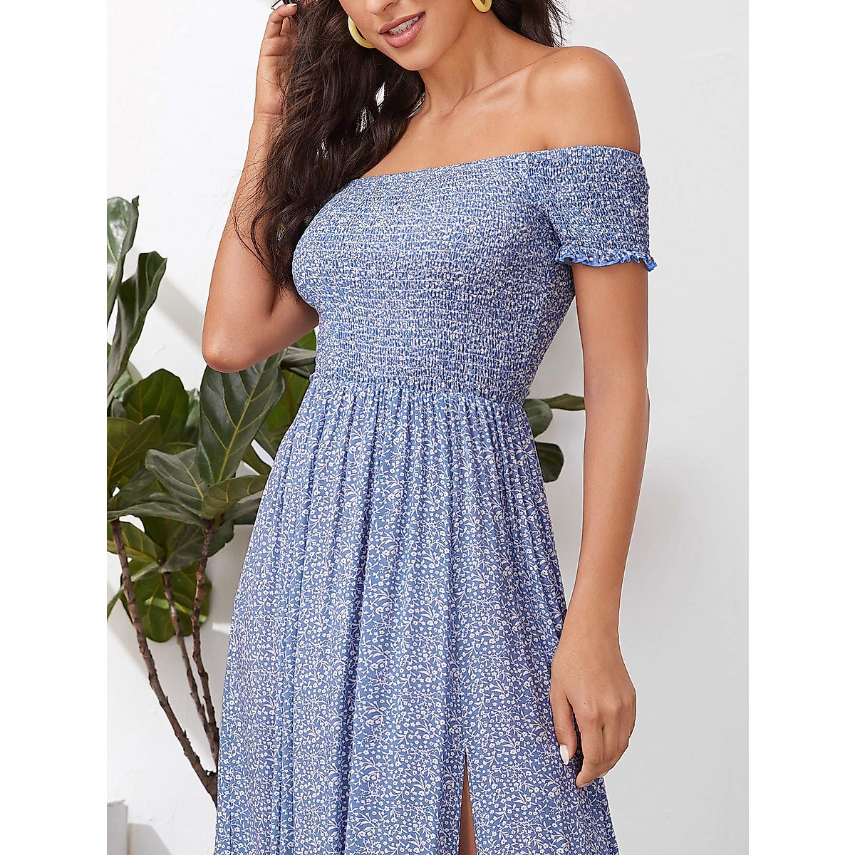 Floerns Women's Boho Floral Print Off Shoulder Split Long A Line Dress Blue Flower M