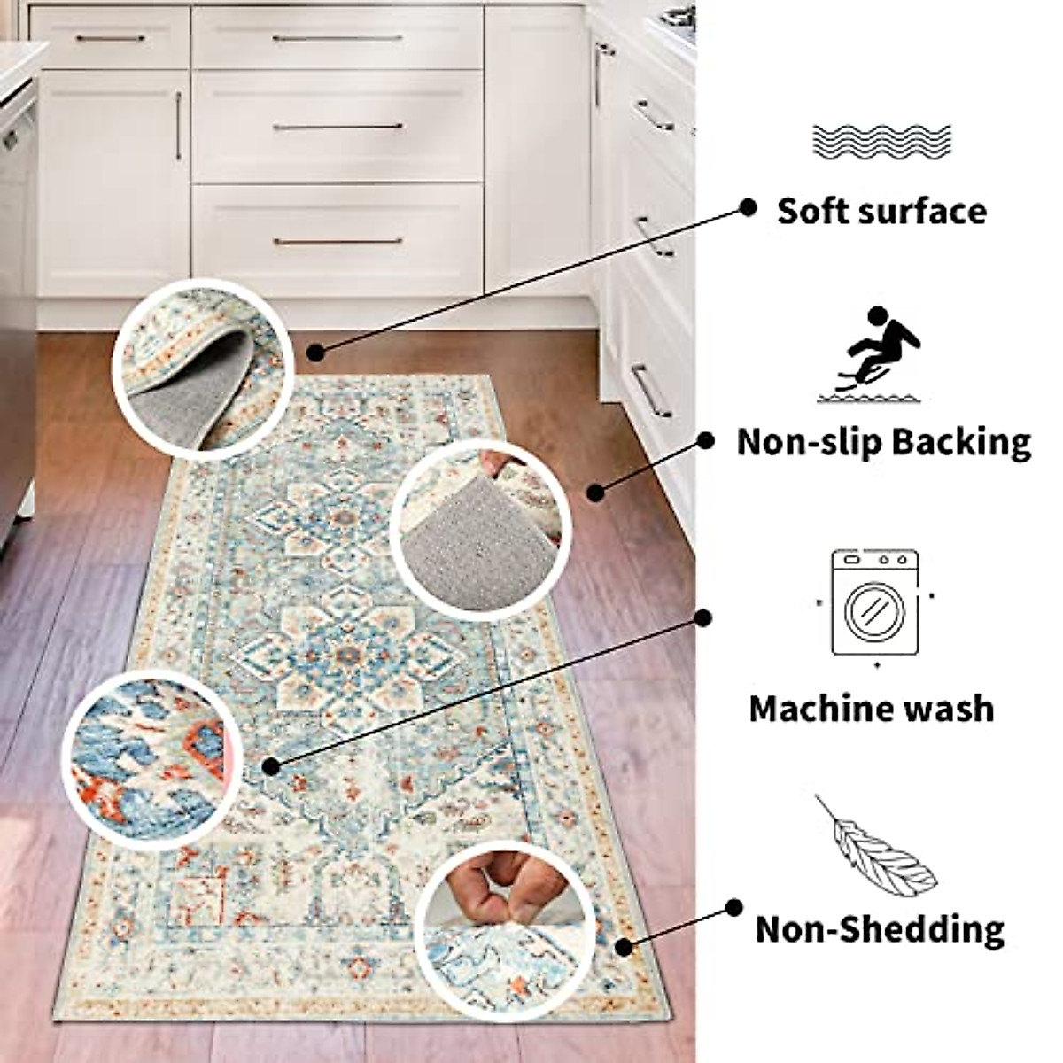 Lbris Washable Runner Rug,2'x6',for Hallway Laundry Room Kitchen Entryway Bathroom,Non Slip Rug Runners with Rubber Backing,Non Skid Stain-Resistant Non Shedding Runners(Vintage)