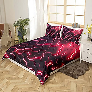 Feelyou 3D Honeycomb Duvet Cover Twin Size Geometry Hexagon Comforter Cover Glitter Print Bedding Set Red Bedspread Cover for Kids Boys Girls Adults 2Pcs