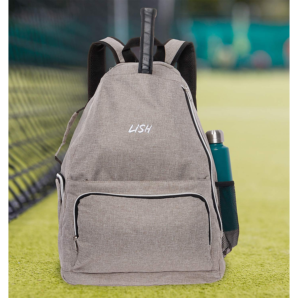 LISH Game Point Tennis Backpack w/Shoe Compartment - Racket Holder Equipment Bag for Tennis, Racquetball, Squash (Grey)
