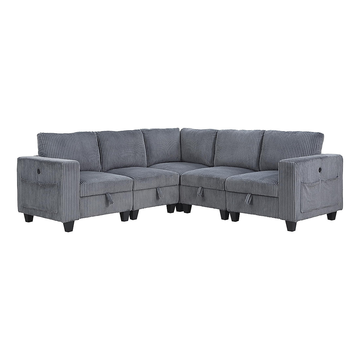 Lexicon Modular Sectional Sofa for Living Room, Corduroy Sofa Couch with Storage Pouches, and Charging Port, Customizable Sectional Sofa Couch for Living Room Furniture, 5 Seater L-Shaped Couch, Grey