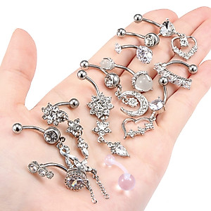Vsnnsns 14G Belly Button Rings Stainless Steel CZ Skull Piercing Jewelry Belly Bars Curved Navel Ring Barbell Body Jewelry Piercing for Women Men Silver 10MM