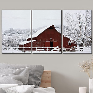wall26 Canvas Print Wall Art Set Big Red Country Barn in Forest Snow Nature Wilderness Photography Realism Rustic Scenic Colorful Travel Ultra for Living Room, Bedroom, Office - 16"x24"x3 Panels