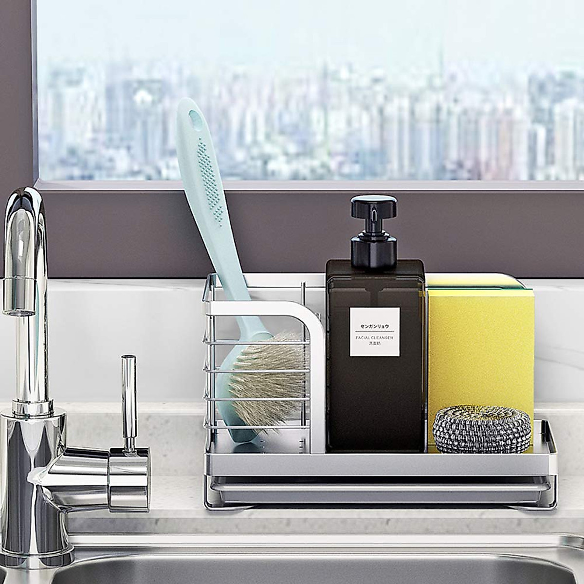 Kitchen Countertop Dish Soap and Dishwashing Brush Holder, SUS 304 Stainless Steel Sponge Organizer, Basket for Cleaning and Scrub Tool, Kitchen Sink Brush Caddy Holder