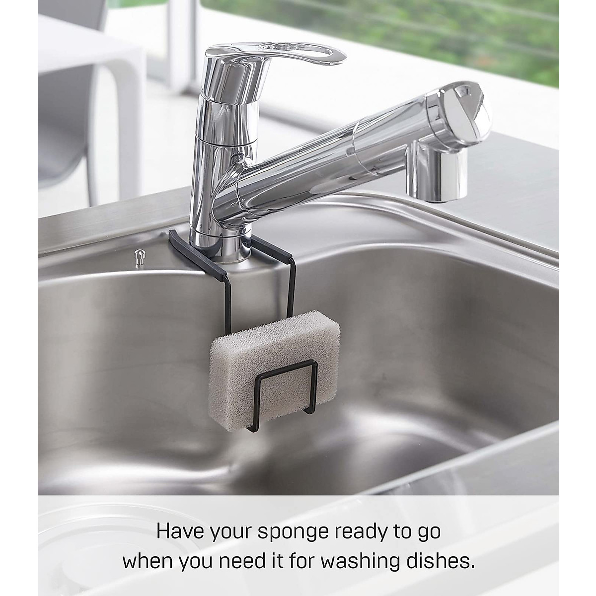 YAMAZAKI home 4389 Faucet-Hanging Sponge Holder-Kitchen Organizer Sink Rack Basket, One Size, Black