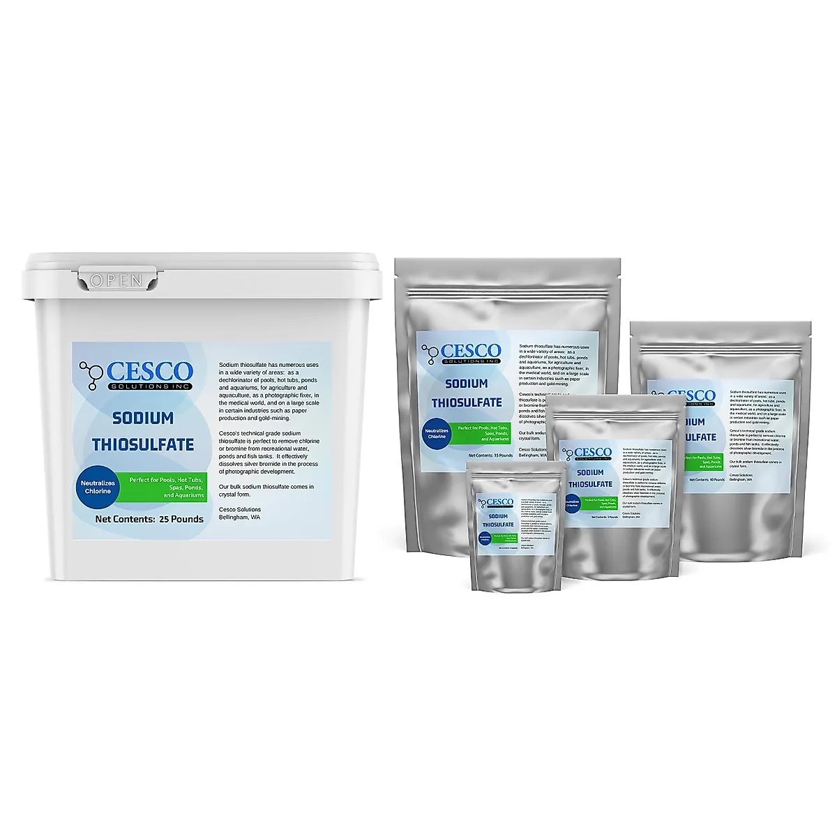Sodium Thiosulfate Pentahydrate 15 lbs by Cesco Solutions - for Pools, Aquarium, Pond - Technical-Grade for Hot Tubs