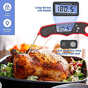 Lonicera Digital Meat Thermometer with Foldable Probe, Backlight & Calibration. Waterproof & Instant Read for Kitchen Food Cooking Baking Candy Liquid (Red)