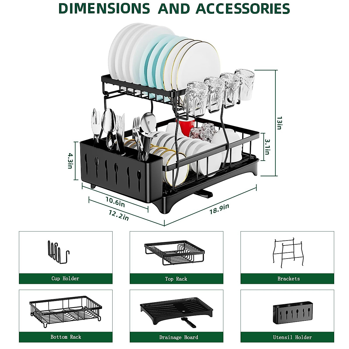Enutogo Dish Drying Rack, 2-Tier Kitchen Dish Racks with Drainboard, Dish Drainer Set for Kitchen Counter with Utensil Holder, Large Dish Rack Organizer Set for Plates Drying, Stainless Steel
