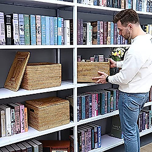 FIYAMMY Rattan Basket With Lid, Large Lidded Basket For Storage Rattan Box(15.3" L×11.4"W×9.5"H)