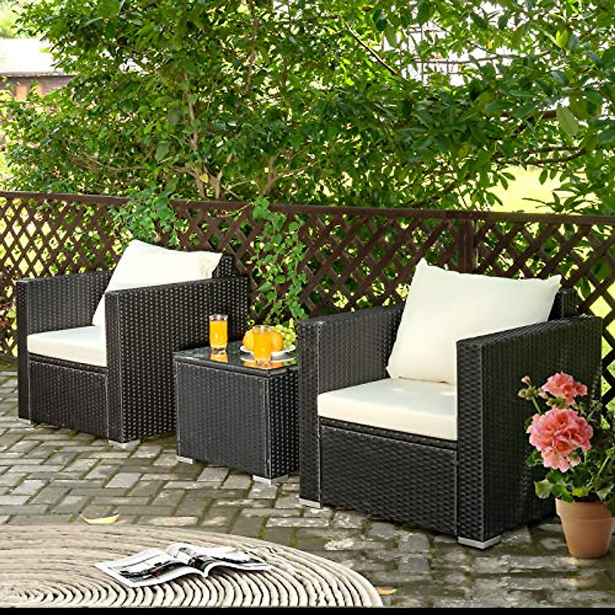 Tangkula 3 Pieces Patio Furniture Set, PE Rattan Wicker Sofa Set w/Washable Cushion and Tempered Glass Tabletop, Outdoor Conversation Furniture for Garden Poolside
