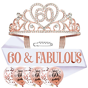 SKJIAYEE 60th Birthday Party Sash and Tiara Kits-60th ‘FABULOUS’ White Sash and Glitter Rose Gold Crown and Birthday Balloons for Women Birthday Party Decorations Supplies