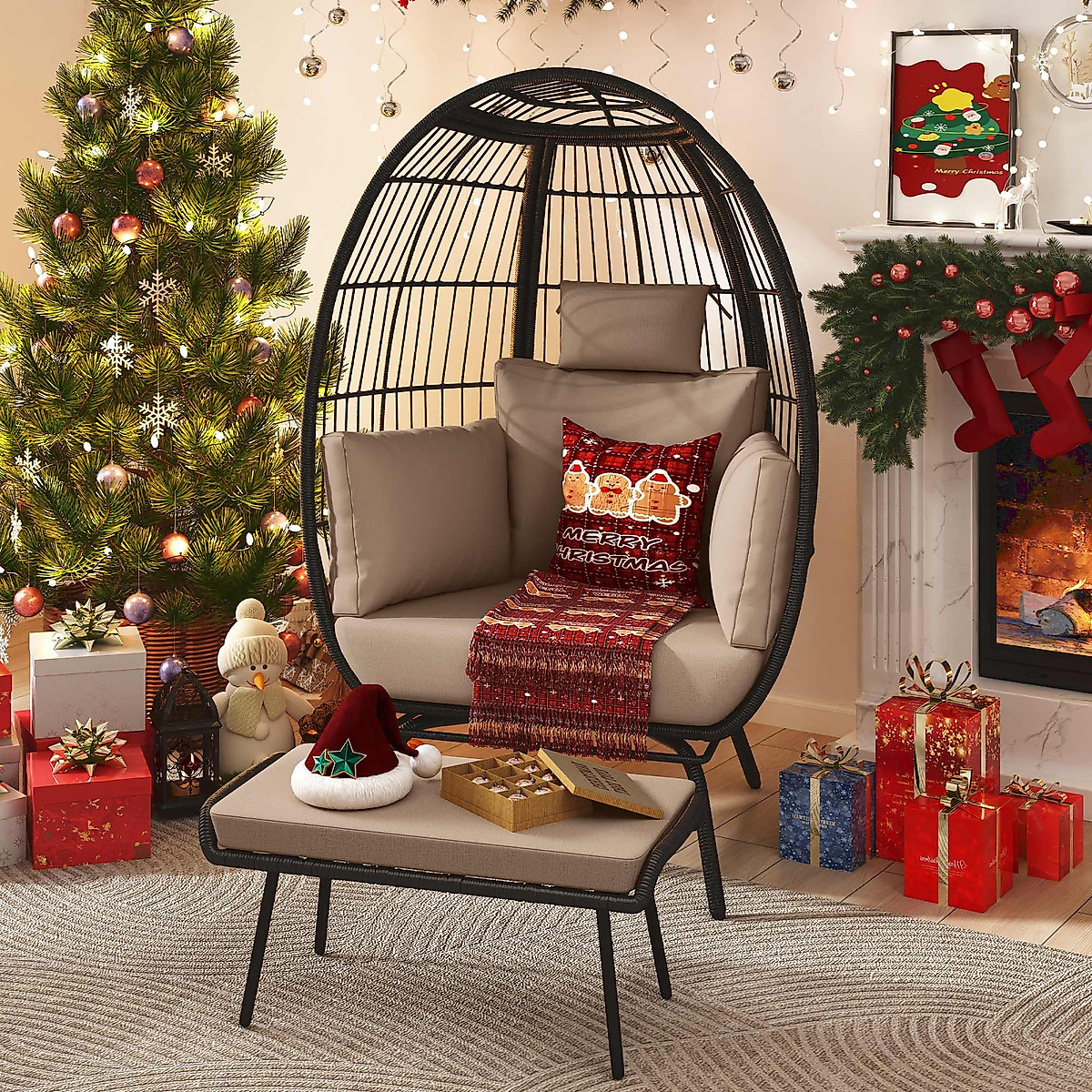 YITAHOME Wicker Egg Chair with Ottoman Outdoor Indoor Oversized Lounger with Stand, Cushions, Egg Basket Chair for Patio Backyard Porch - Brown & Black