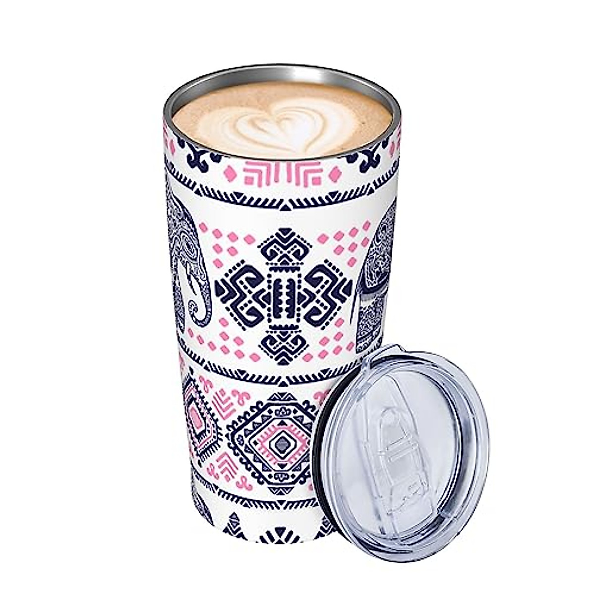 20oz Insulated Coffee Tumbler With Straw Stainless Steel Swig Tumblers,Travel Mugs Insulated For Hot And Cold,Reusable Thermal Water Bottle Cup For Car Camping Exercise（Mandala Bohemian Elephant ）