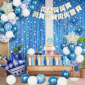 Bule Birthday Party Decorations Set with Birthday Banner, Bule Confetti Balloons, Bule Foil Birthday Background, Tassel Garland, Cake Toppers for Girls Men Kids Baby Birthday Party Supplies Decor
